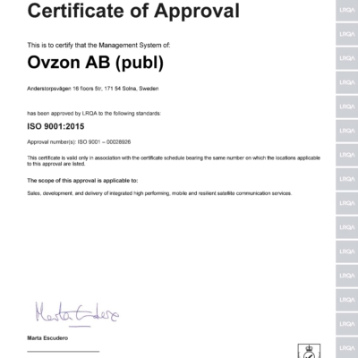 ISO 9001:2015 Certification – Ovzon