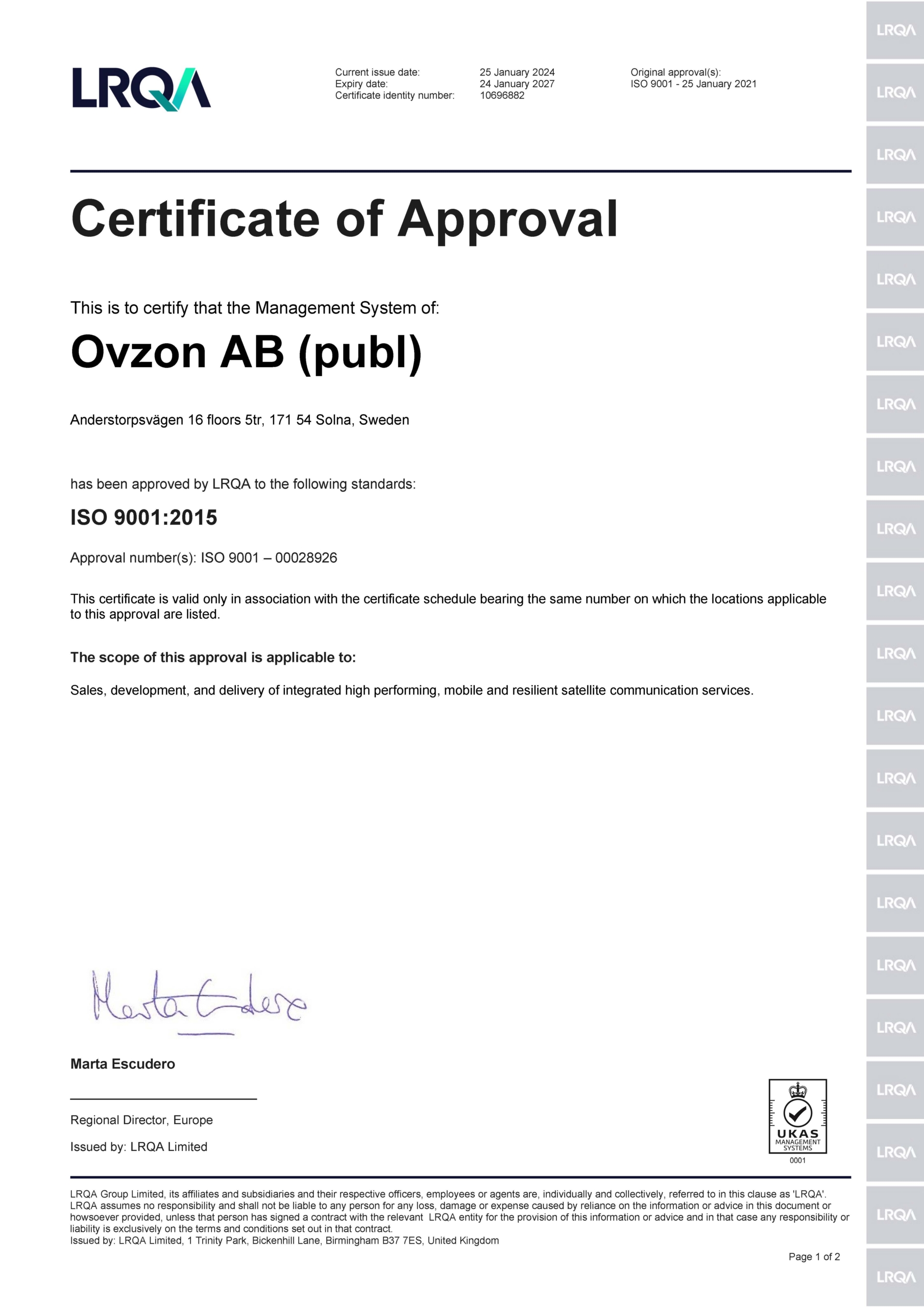 ISO 9001:2015 Certification – Ovzon
