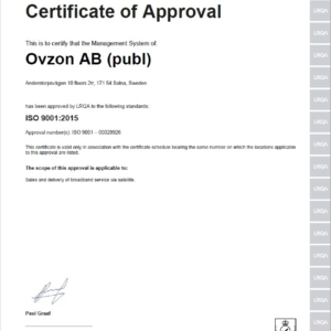 ISO 9001:2015 Certification – Ovzon