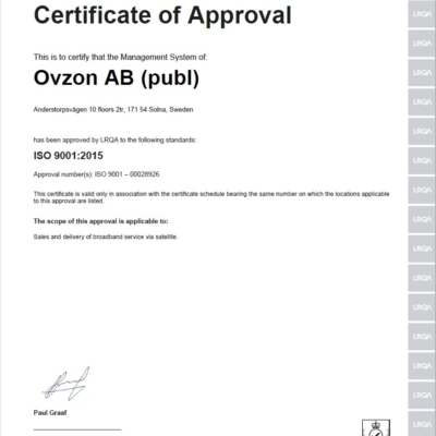 ISO 9001:2015 Certification – Ovzon
