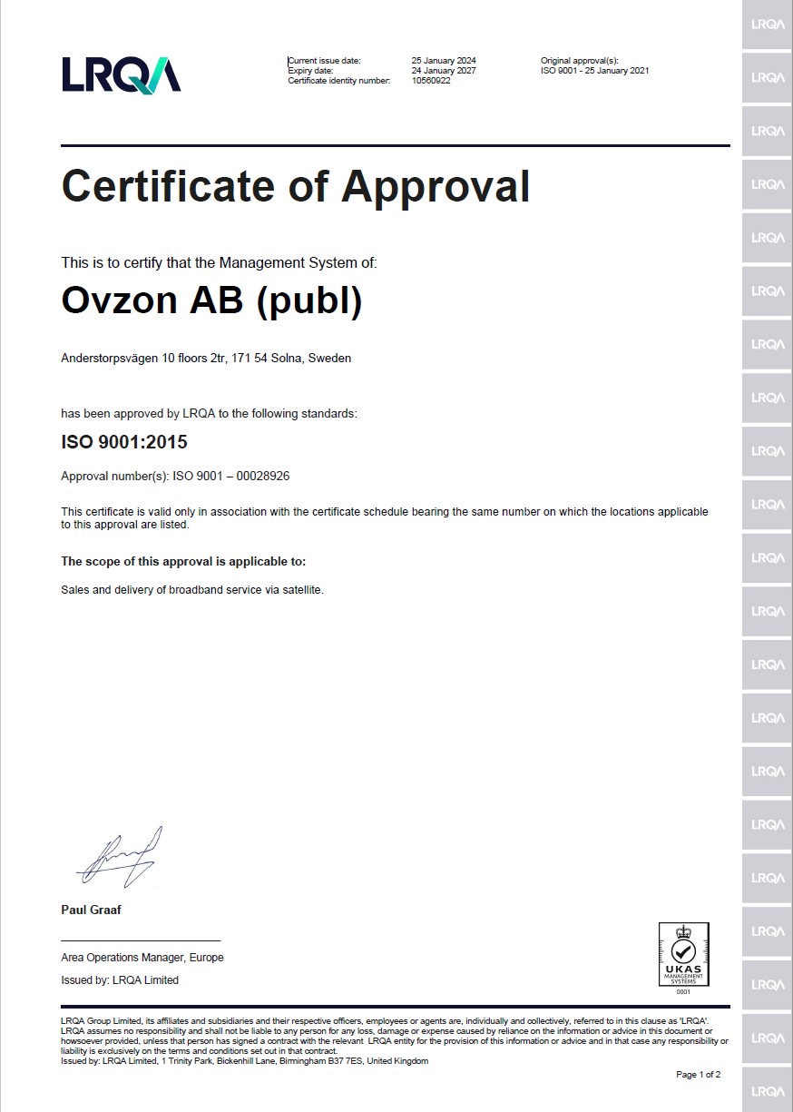 ISO 9001:2015 Certification – Ovzon